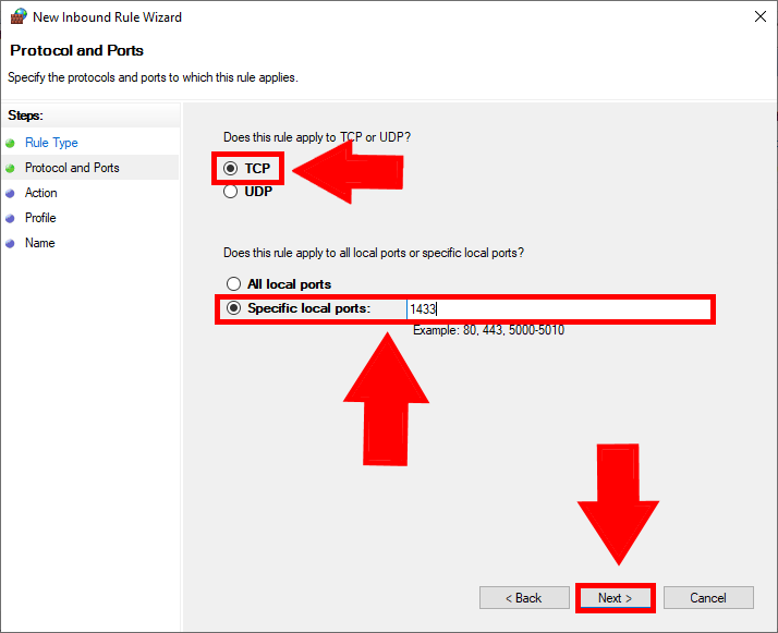 Firewall configuration for SQL access